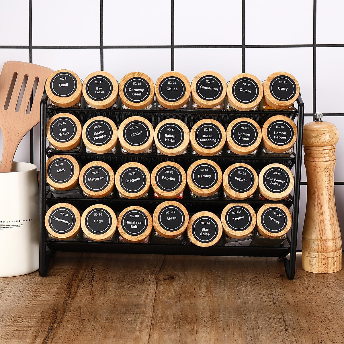 DIMBRAH Spice Jars with Label-4oz 24Pcs, Glass Spice Jars with Bamboo Lids,Spices Container Set with White Printed Spice Labels,Kitchen Empty Spice Jars with Shaker Lids