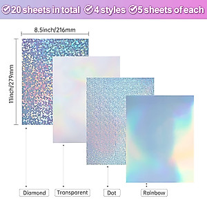 20 Sheets Holographic Sticker Paper for Inkjet & Laser Printer, Printable Vinyl Sticker Paper, Dries Quickly Sticker Paper Waterproof - 8.5x11 inch, Diamond/Rainbow/Dots/Transparent