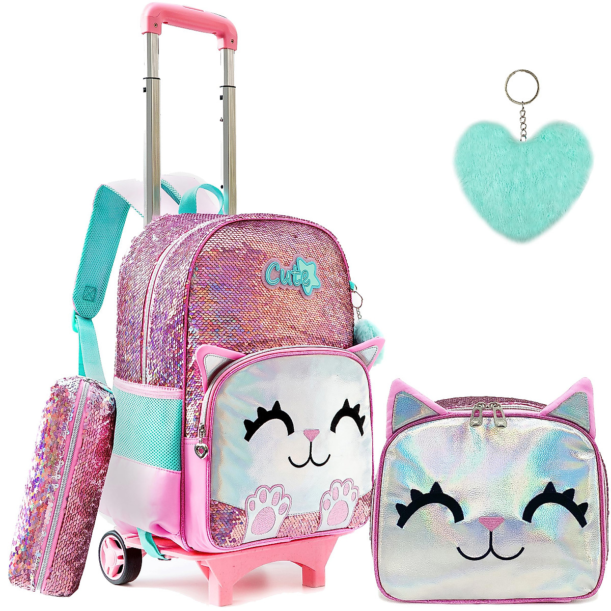 Backpack with Wheels for Girls Cute Rolling Pink Cat School Backpack Kids Sequin Roller Luggage Suitcase for Elementary Kindergarten Students with Lunch Box Pencil Case for Girls 5-12 Years Old