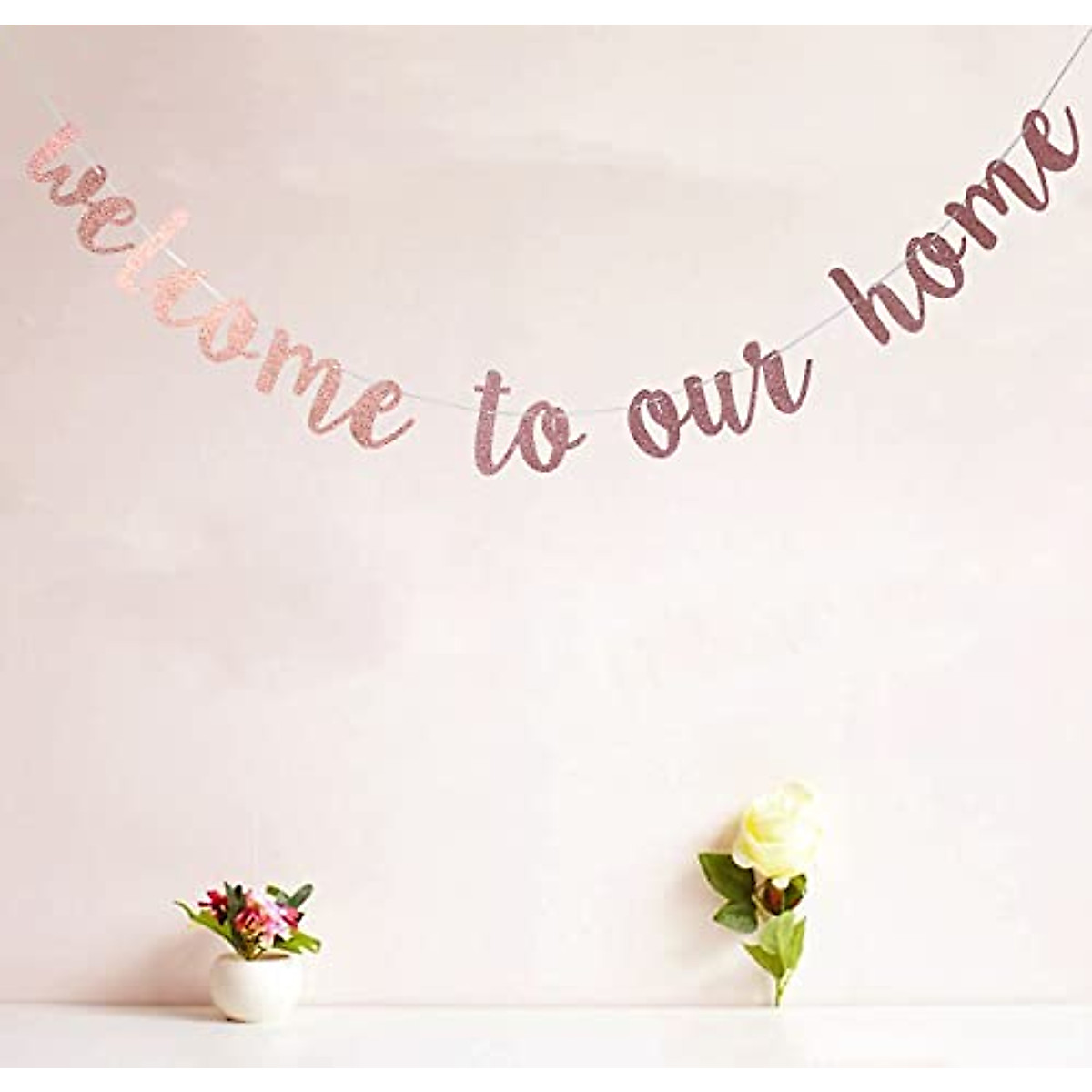 Starsgarden Glitter Rose Gold Welcome to Our Home Banner for Housewarming Patriotic Military Decoration Family Party Supplies Cursive Bunting Photo Booth Props Sign