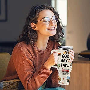 Christian Truck Gifts, 40 Oz God Says I Am Construction Truck Tumbler With Handle, Christian Gifts for Boys, Inspirational Religious Birthday Gifts for Truck Lover Bible Verse Cup, Construction gifts