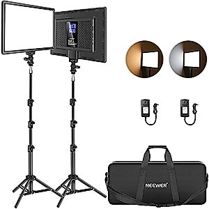 Neewer 13" Led Video Light Panel Lighting Kit, 2-Pack Dimmable Bi-Color Soft Lights with Light Stand, Built-in 8000mAh Battery, 3200K~5600K CRI 95+ 2400Lux for Game/Live Stream/YouTube/Photography