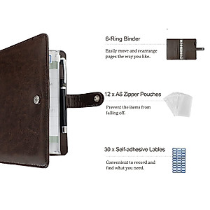 A6 Budget Notebook Binder, 6 Ring Refillable Loose-Leaf Folder Binder Cover Cash Savings Organizer with 12 Pcs Clear Plastic Zipper Envelopes, Card Pockets, Pen Holder and Label Stickers - Black