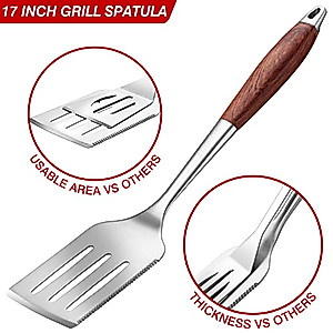 BBQ Grill Tools Set Accessories,Rose Wooden 17'' Heavy Duty Essential Grilling Barbecue utensils with Super Thick Stainless Steel Spatula,Clean Brush,Tongs,Knife for Outdoor grill. Grill Gifts for Men