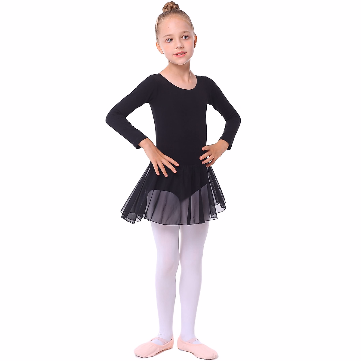 MdnMd Long Sleeve Dance Leotard Ballet Dress Clothes for Ballerina Girls (Age 6-8, Black)