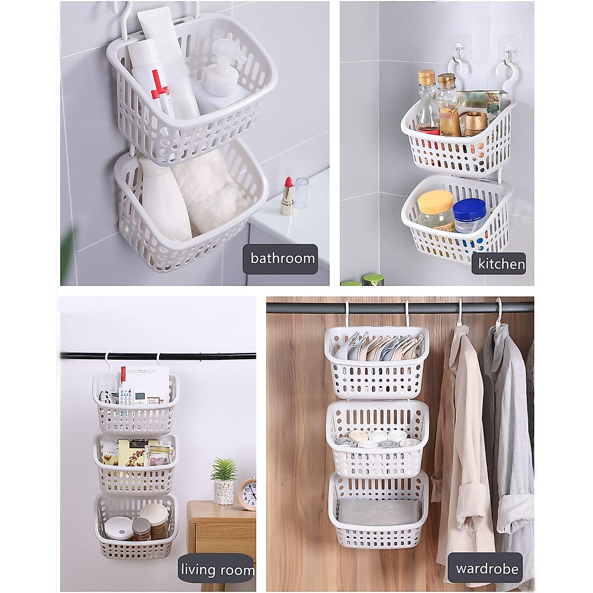 Doitxue 3PCS Plastic Hanging Baskets for Shower, Hanging Basket Organizer with Hooks, Rectangle 10.6Inches Small Hanging Storage Basket (Grey)