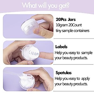10 Gram 20 Count Sample Containers, Small Plastic Containers with Lids, Empty Sample Jars with Labels and Mini Disposable Spatulas(Black Lid)