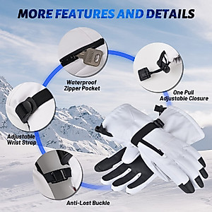 Ski Gloves Waterproof Touchscreen for Men Women Winter Snow Snowboard Gloves Warm Thermal 3M Thinsulate Insulated White Snowmobile Gloves with Pocket for Extreme Cold Weather Outdoor Windproof Large