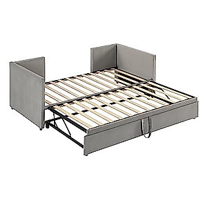 DEINPPA Twin Extendable Platform Bed, Upholstered Transitional Daybed with Trundle, Twin Size to King Size Bed, No Box Spring Needed-Grey