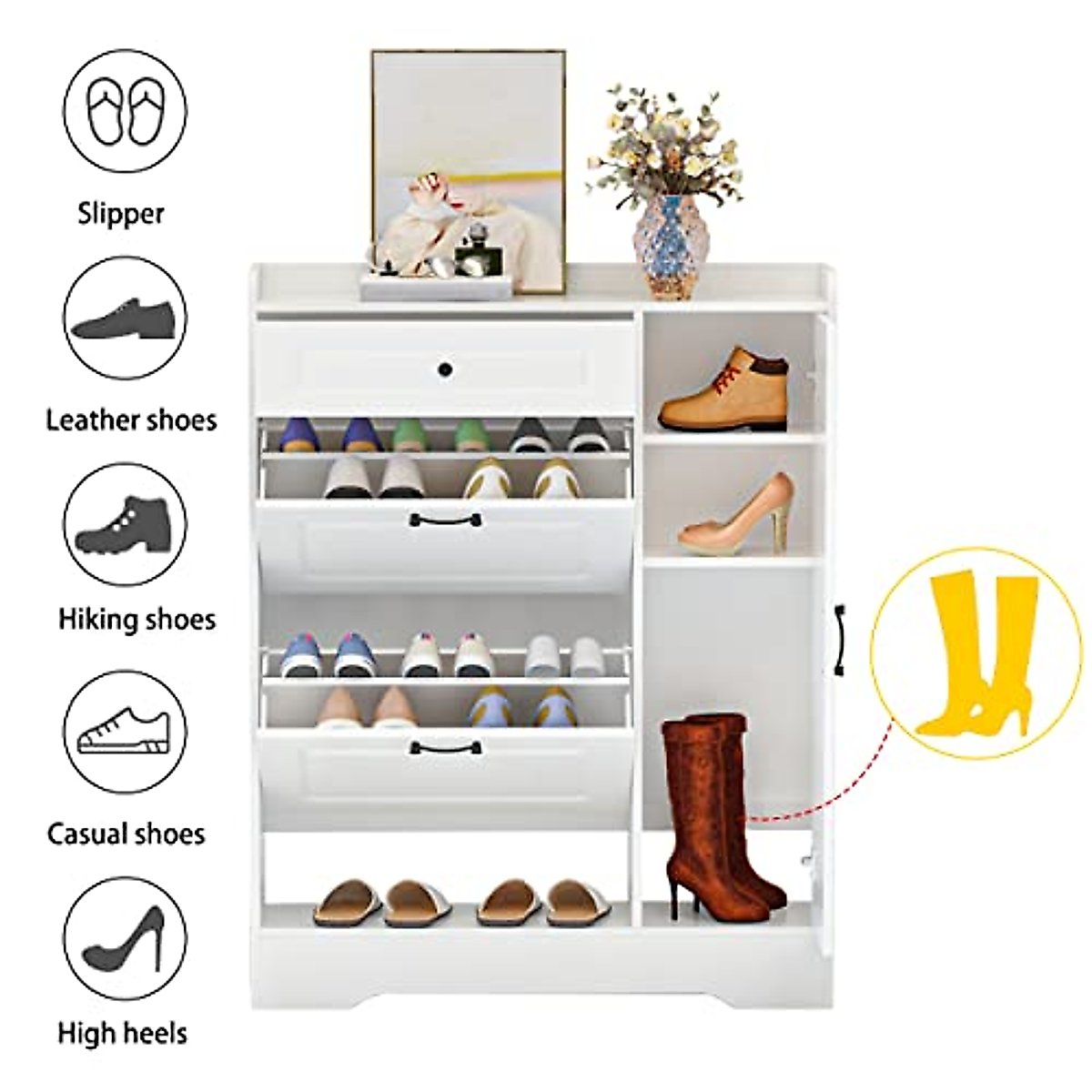 DiDuGo Shoe Cabinet with 2 Flip Drawers & Locker, Shoe Storage Cabinet with Drawer & Bottom Shelf, for Entryway Hallway White (35" W x 8.7" D x 47.2" H)