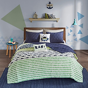 Urban Habitat Kids Reversible Cotton Quilt Set - Vibrant Fun, Playful Print, All Season Children Bedding Coverlet Bedspread, Decorative Pillow, Bedroom Décor, Twin/Twin XL, Shark Green/Navy 4 Piece