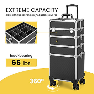 VIVOHOME 4 in 1 Makeup Rolling Train Case Aluminum Trolley Professional Cosmetic Organizer Box with Shoulder Straps 2 Keys Black(Cosmetic are not included)