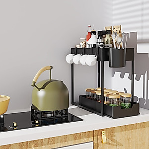 DEKYHOME Under Sink Organizer and Storage,Bathroom Organizer with 4 Hooks and 1 Hanging cup, Multi-purpose Storage Shelf for Bathroom Kitchen