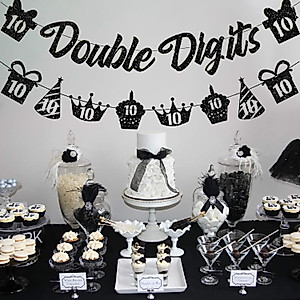10th Birthday Decorations for Boys Double Digits Birthday Banner Black Glitter 10 Year Old Birthday Sign Ten Years Old Banner Garland