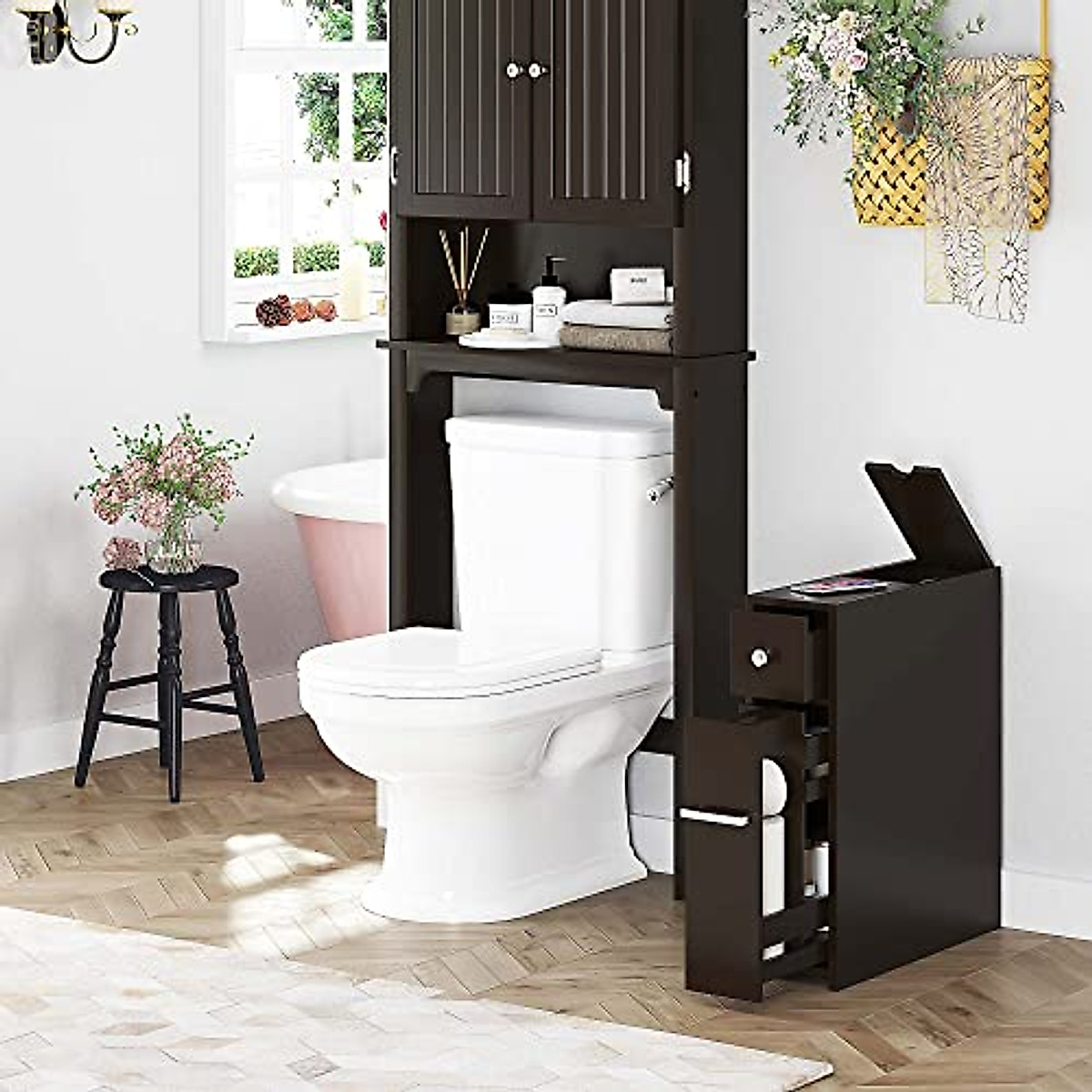 Spirich Home Slim Bathroom Storage Cabinet, Free Standing Toilet Paper Holder, Bathroom Cabinet Slide Out Drawer, Espresso