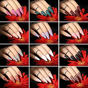 Press on Nails, FANDAMEI 12 Packs 288PCS Matte Acrylic Medium Almond Short Stiletto Fake Nails Full Cover with 10g Nail Glue, 12 Solid Color False Nails for Nail Art DIY