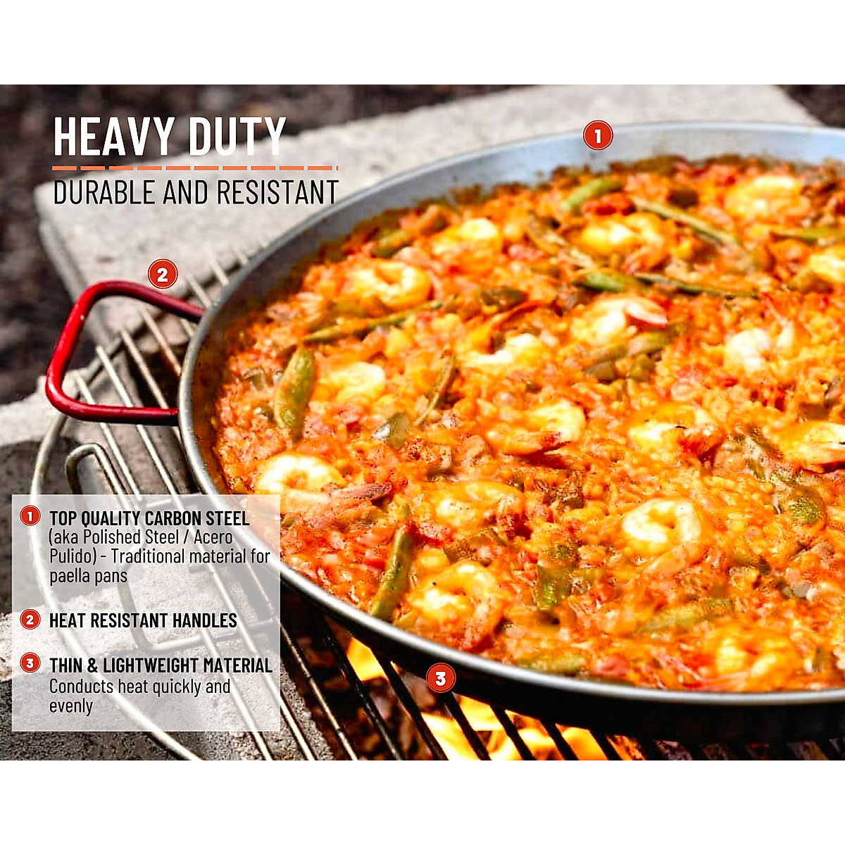 PAELO Polished Steel Paella Pan, 15 inch (38cm) Carbon Steel Pan, Large Professional Grade Paellera Imported From Spain for 8 Servings of Paella Rice, Made by Garcima