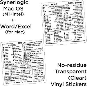 SYNERLOGIC Mac OS (M/Intel) + Word/Excel (for Mac) Quick Reference Keyboard Shortcut Stickers - for MacBook Air/Pro/iMac/Mac/Mini (Clear, 1 Set)