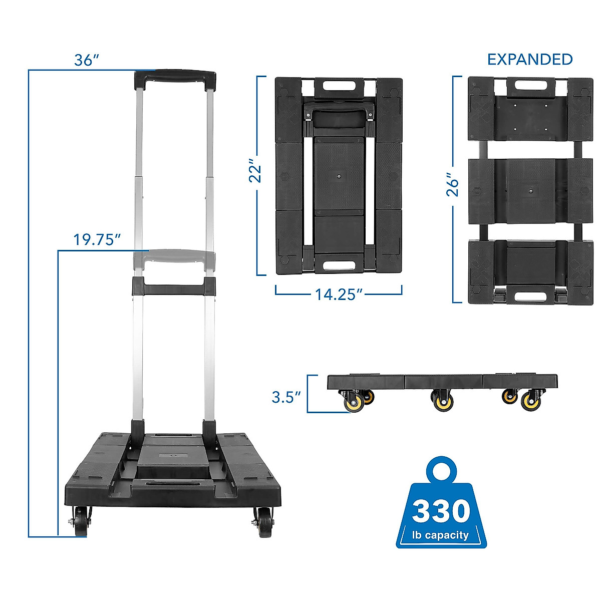 Mount-It! Folding Hand Truck Dolly Cart | Lightweight Foldable Cart with Wheels Heavy Duty with Elastic Cord for Luggage, Travel Moving, Office and Light Industrial Use