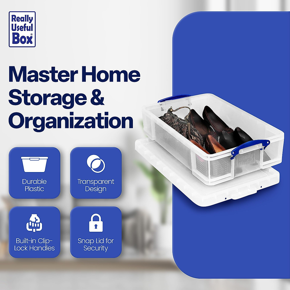 Really Useful Box 33 Liter Plastic Stackable Storage Container with Snap Lid & Built-In Clip Lock Handles for Home or Office Organization, Clear