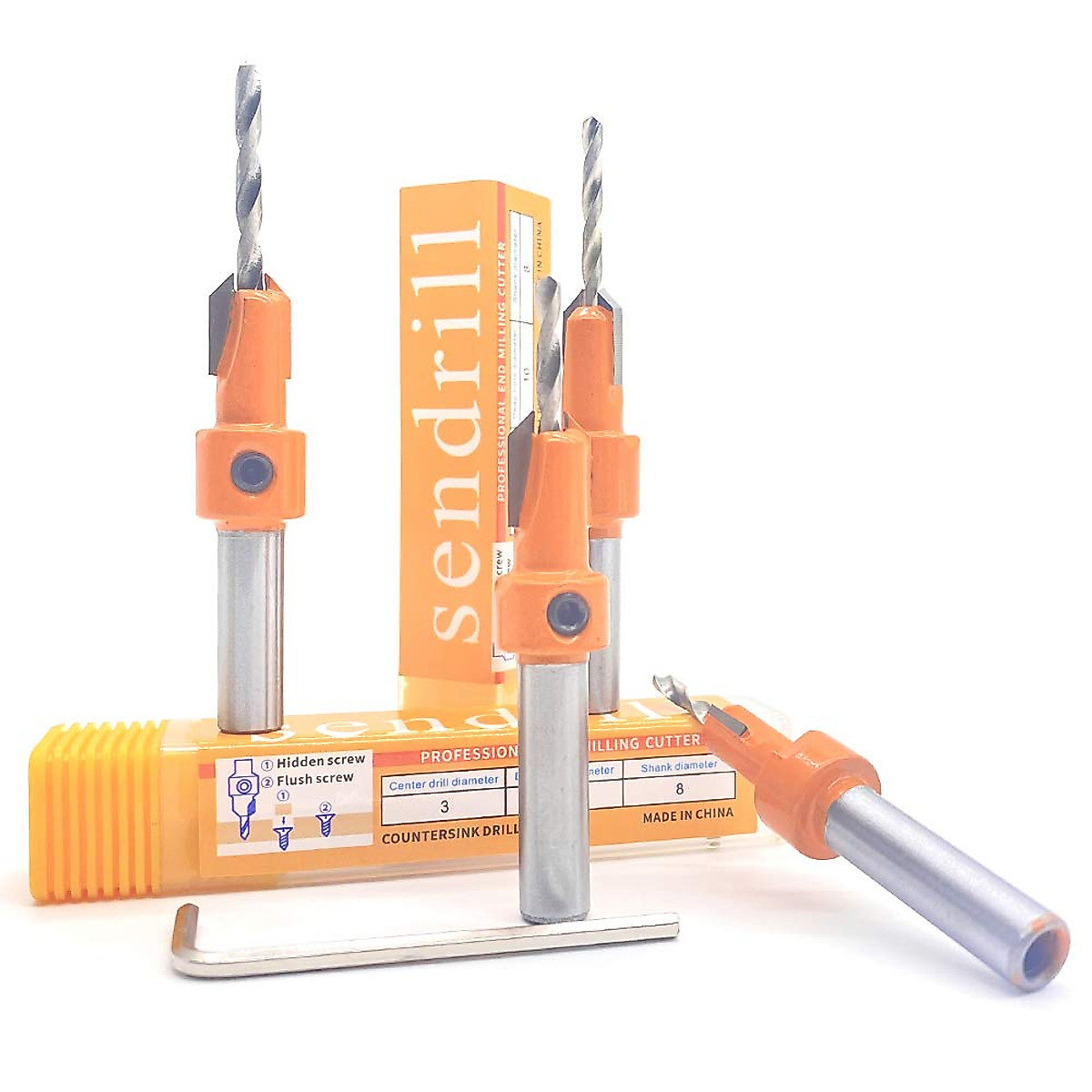 SENDRILL Wood Working Countersink Drill Bit Set Round Shank for Timber Working, with Hex Key Wrench（6PCS)