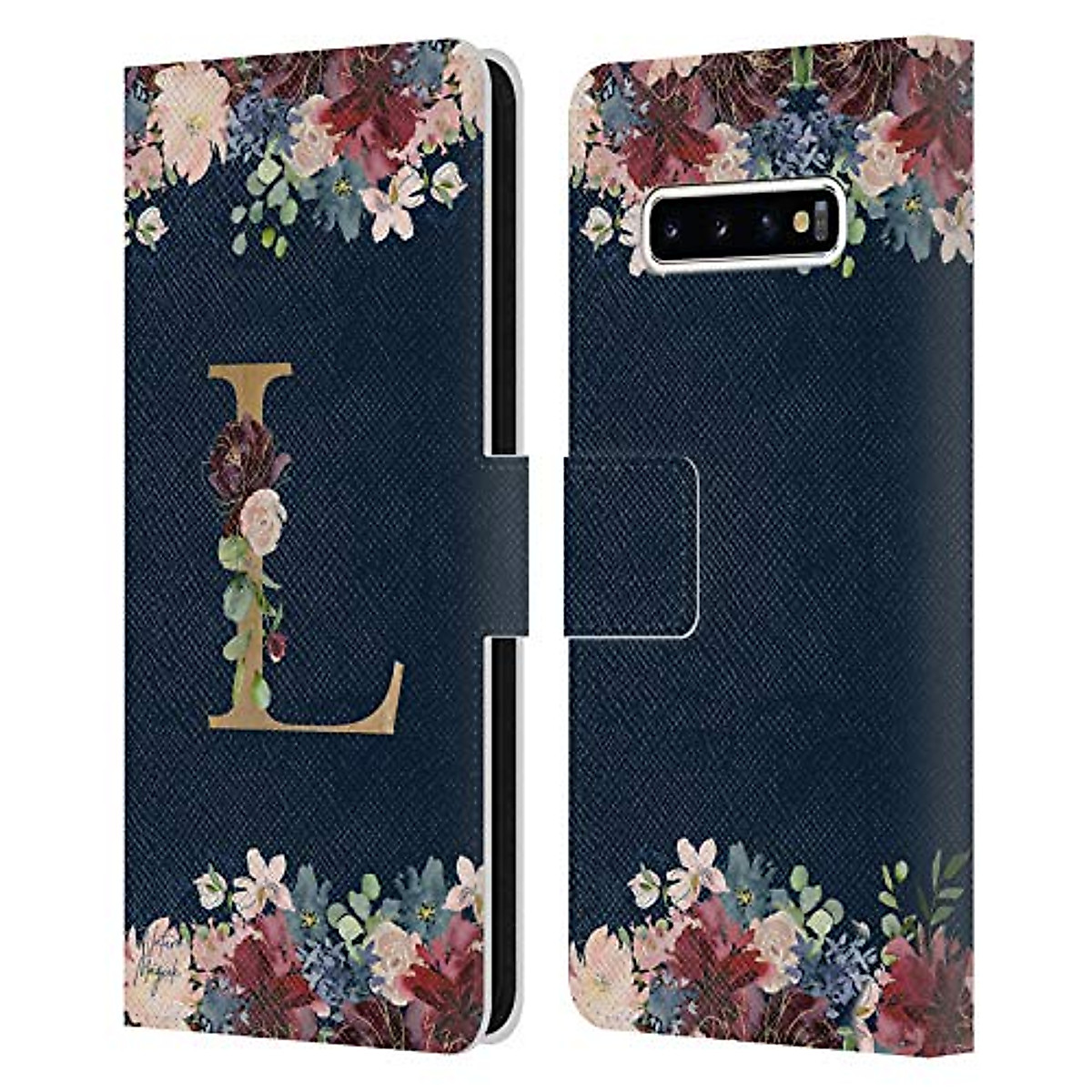 Head Case Designs Officially Licensed Nature Magick Letter L Floral Monogram Gold Navy Leather Book Wallet Case Cover Compatible with Samsung Galaxy S10+ / S10 Plus