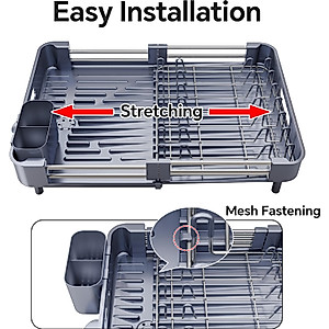 Dish Drying Rack, Kitchen Dish Drainer Rack, Expandable(13.2"-19.7") Stainless Steel Sink Organizer Dish Rack and Drainboard Set with Utensil Holder Cups Holder for Kitchen Counter