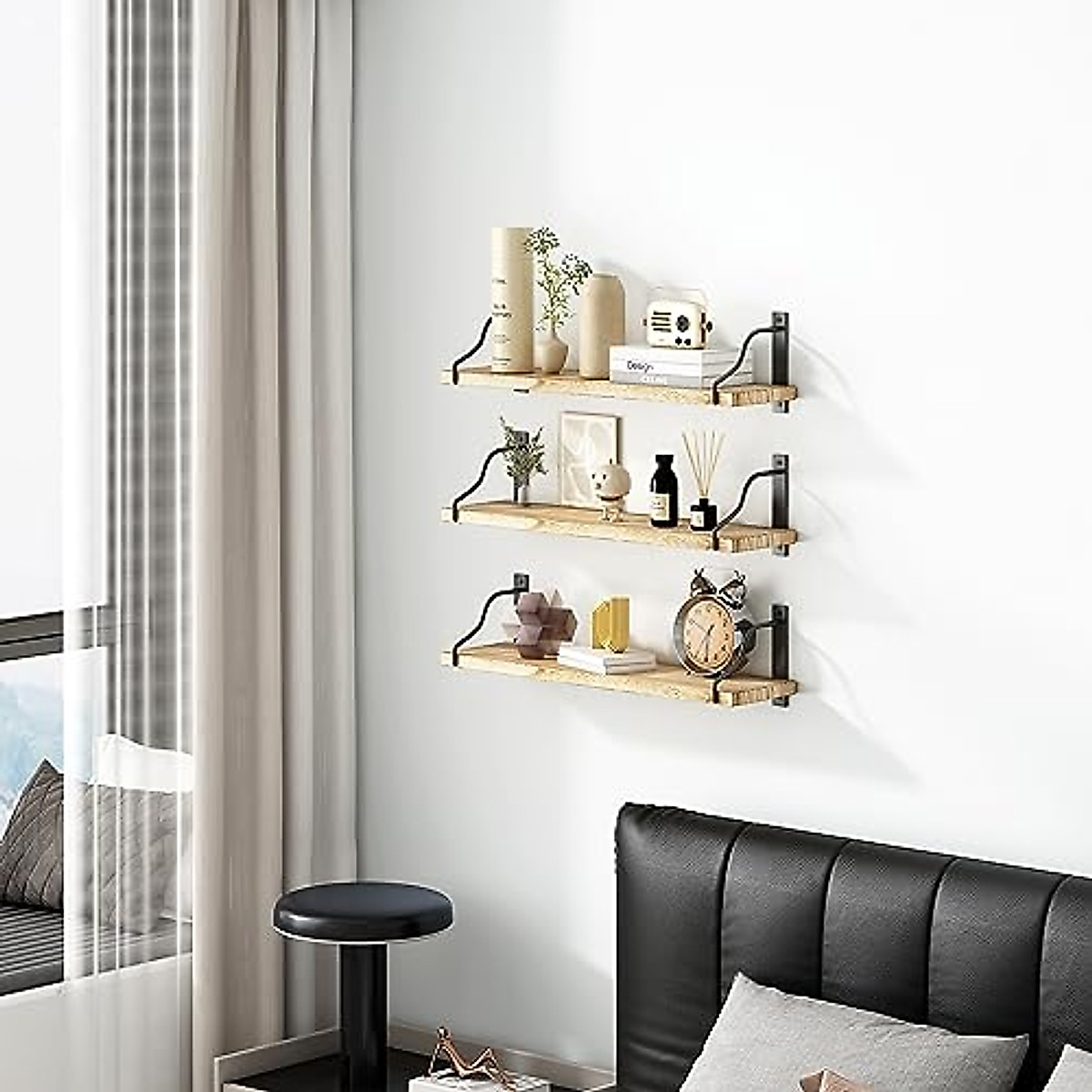 Floating Shelves, 24 Inches Wood Wall Mounted Shelves for Storage, Wall Shelves with Metal Bracket, Rustic Bookshelf for Bedroom Kitchen Living Room (Wooden, 24 Inch)