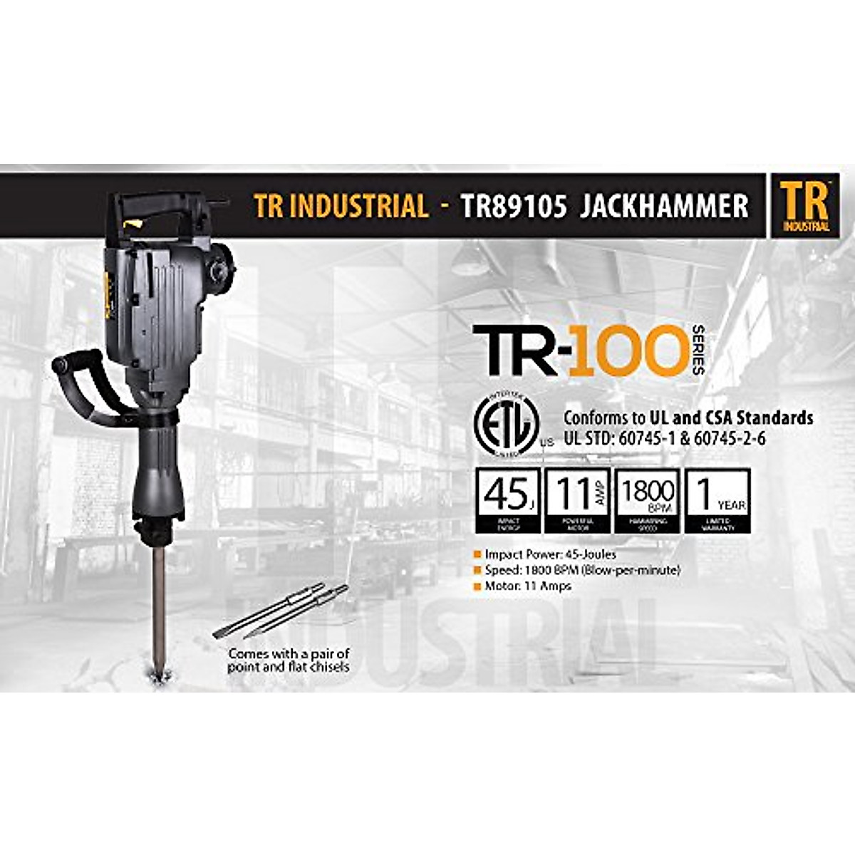 TR Industrial TR89105 Original Demolition Jack Hammer with Point and Flat Chisel Bit, Silver