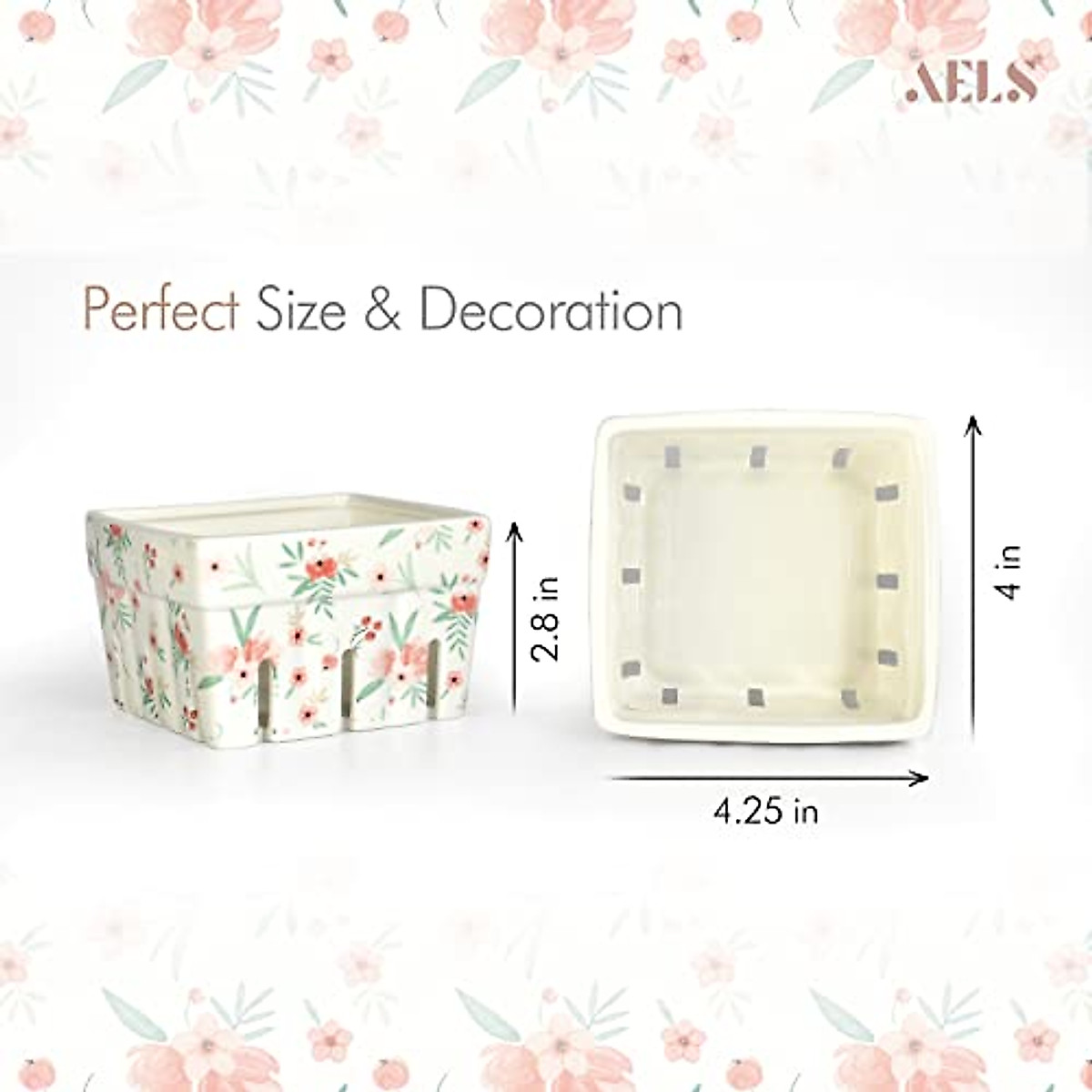 AELS Ceramic Berry Basket, Farmhouse Fruit Bowl Container for Fruit & Vegetables, Farmers Market, Pink Floral Pattern, Kitchen Decor, Stoneware Harvest Bowls, Set of 4