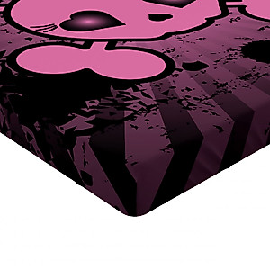 Ambesonne Skull Fitted Sheet, Illustration Crown Dark Grunge Style Teen Spooky Halloween October Fall Print, Soft Decorative Fabric Bedding All-Round Elastic Pocket, Queen Size, Black Pink