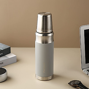 Murmioo travel vacuum flask，stainless steel insulated bottle, built-in cap cup, cold for 24 hours, heat for 12 hours, BPA Free leak proof, sweat free 17oz/500ml Gray