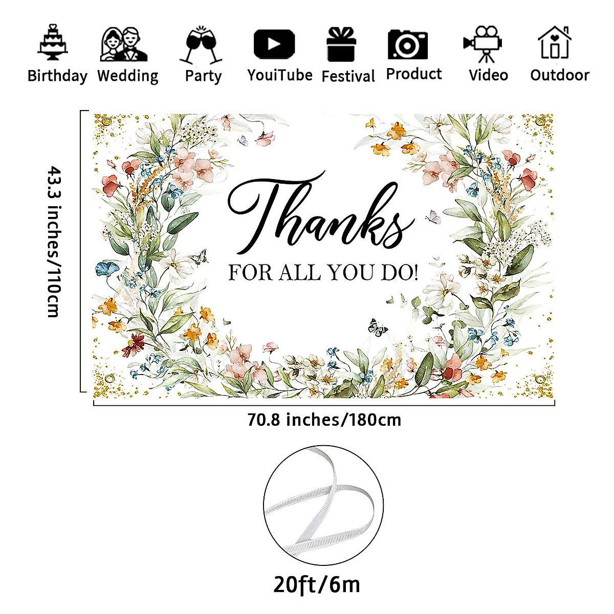 Avezano Thanks for All You Do Backdrop Wildflower Thank You Party Decorations Thank You Father Staff Teachers Professors Doctors Banner 70.8 x 43.3 Inch
