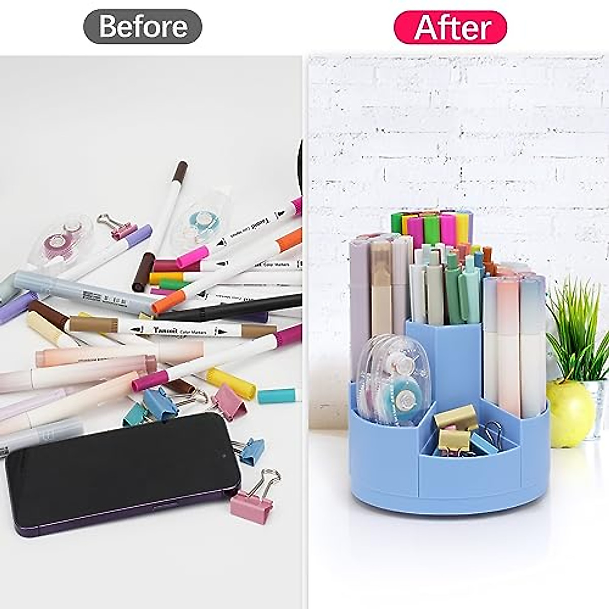 Pen Holder for Desk, 360° Rotating Pencil Holder, 7 Slot Pen Organizer, Large Cute Marker Organizer for Office, School, Classroom, Pencil Container with Stickers for Art Supply, Makeup Brush (Pink)