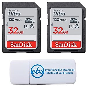 SanDisk 32GB SDHC SD Ultra Memory Card (Two Pack) Works with Canon EOS Rebel T7, Rebel T6, 77D Digital Camera Class 10 (SDSDUN4-032G-GN6IN) Bundle with (1) Everything But Stromboli Combo Card Reader