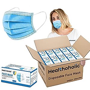 Healthoholic Blue Disposable Face Masks [Bulk Pack of 2000 Pcs, 40 Boxes of 50pcs/Box] Non-Woven, Breathable, Disposable 3-ply Protective Earloop Face Masks