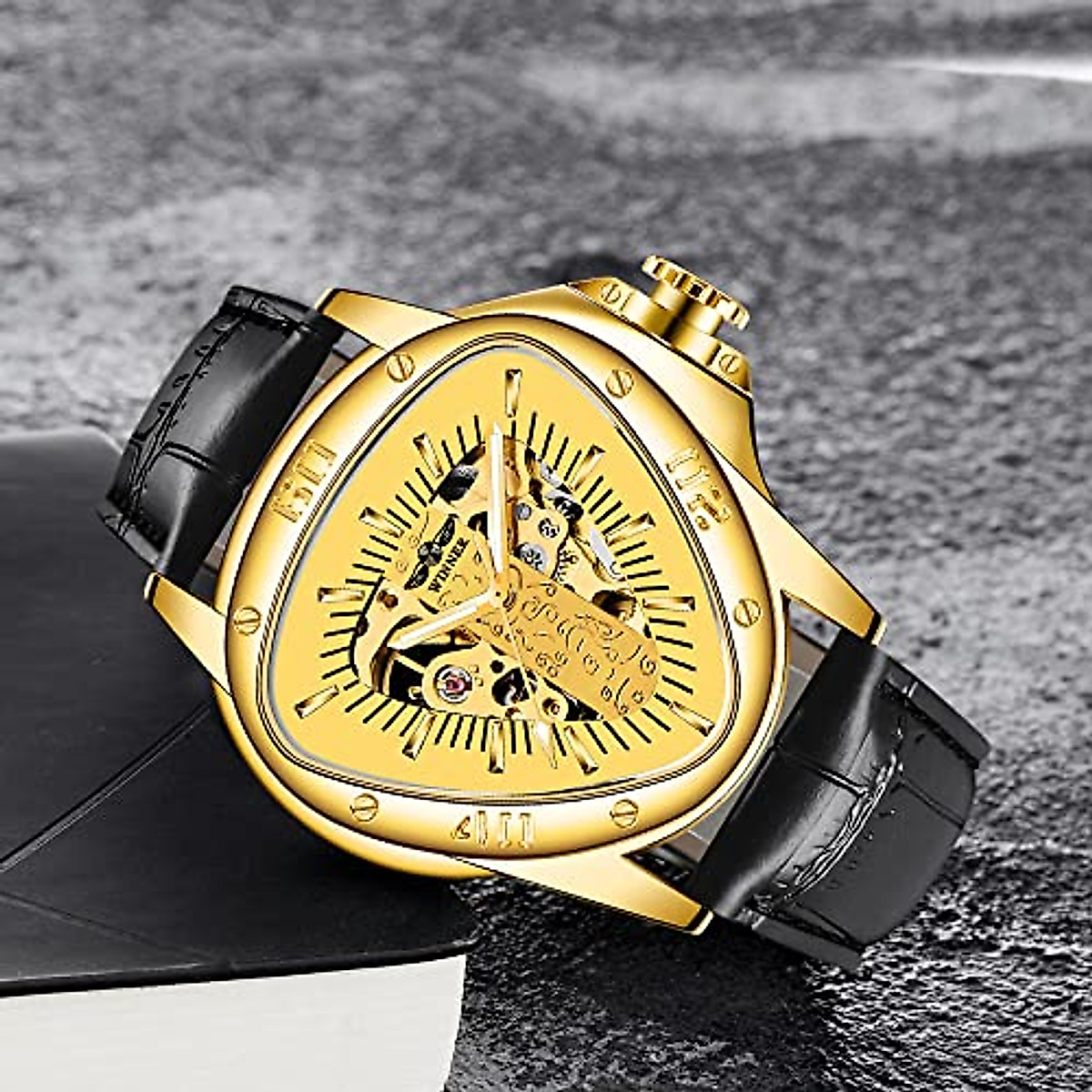 BOSNI Triangle Men Mechanical Wristwatches Luxury Golden Dial Automatic Watch Men Skeleton Wrist Watches