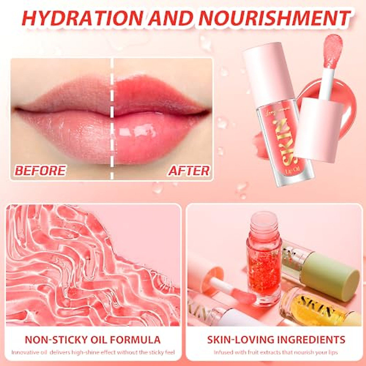 BANGFENG Big Brush Head Lip Glow Oil Plumping Tint, Tinted Lip Balm Transparent Lip Care, Moisturizing Non-sticky Fresh Shiny Texture Lip Oil - Strawberry (Pink)