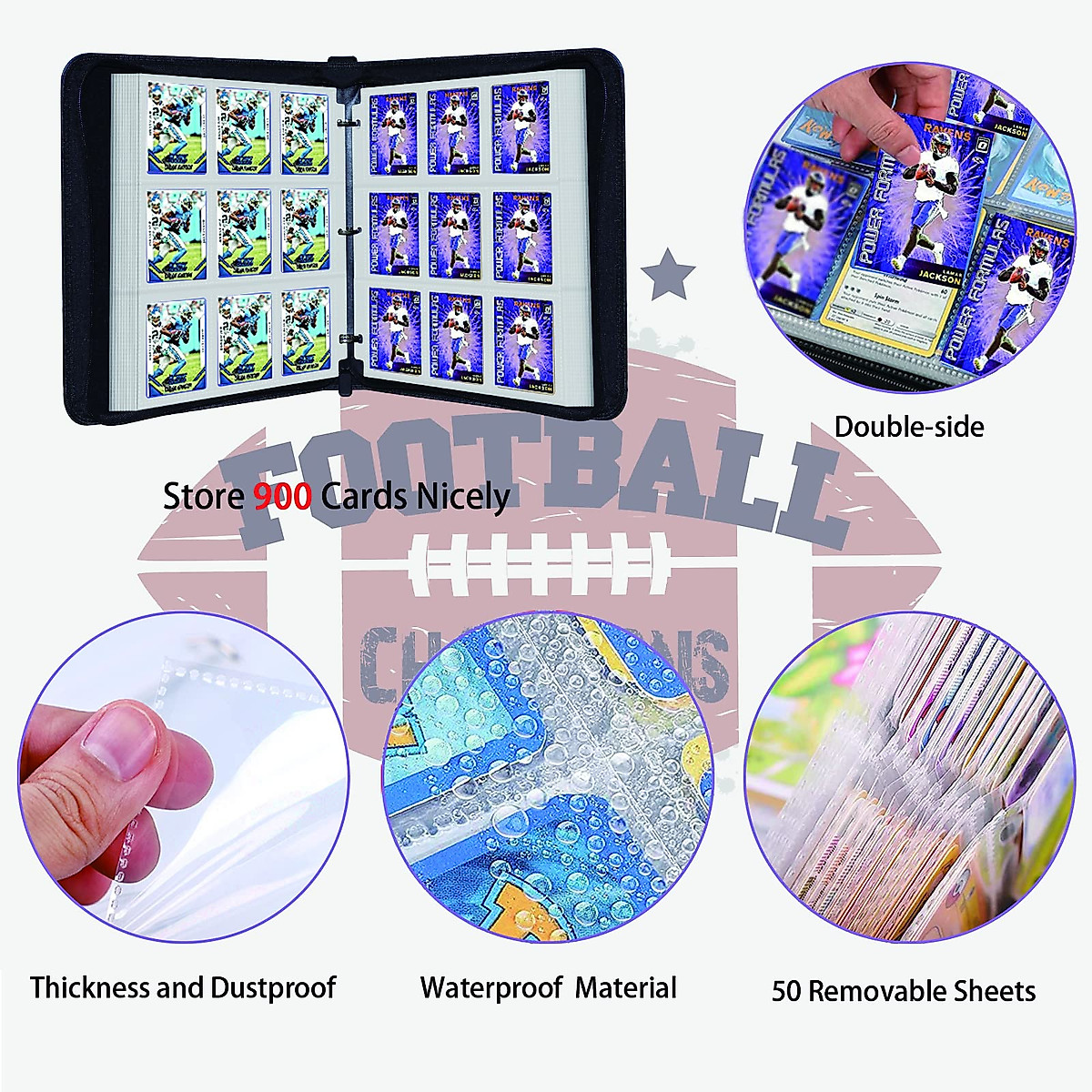 900 Pockets Football Cards Binder,Trading Card Holder Album Storage Display with Football Card Sleeves Card Holder Protectors for Football Card and Sports Card