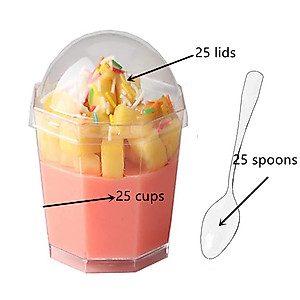 DongAi 25Pcs 6-Ounce Transparent Plastic Dessert Cups,Octagon Clear Plastic Dessert Tumbler Cups Serving Bowls with, 25 Tablespoons and Lids，Pudding Ice Cream Yogurt Candy for at The Parties Weddings