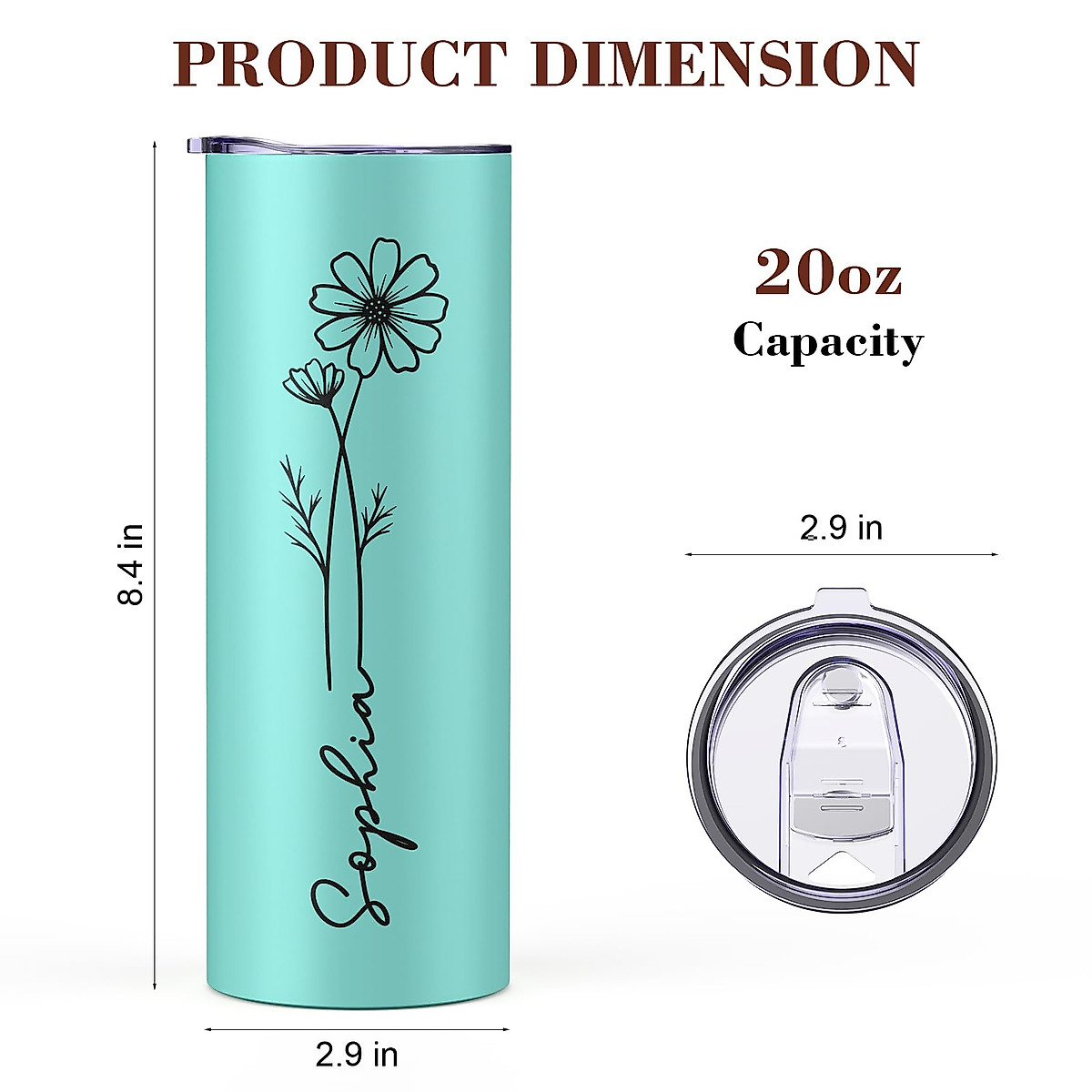 UNIGIFTIME Personalized Birth Flower Tumbler Cup with Name, Custom Skinny Tumbler with Lid and Straw 20oz Stainless Steel Coffee Tumbler Personalized Birthday Gifts and Mothers Day Gifts for Women
