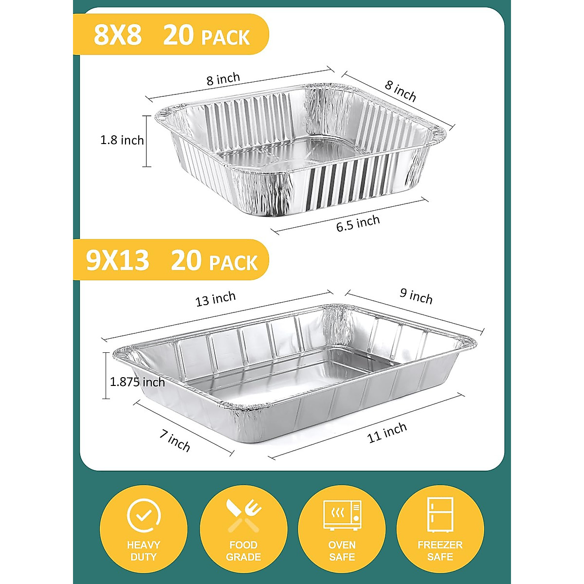 NEEBAKE 40 Pack Disposable Aluminum Pans Combo Set - 20 Large 9x13 Aluminum Foil Pans Half Size & 20 Small 8x8 Tin Foil Baking Pans, Tin Trays Containers for Meal Prep, Food Cooking, Roasting, Heating