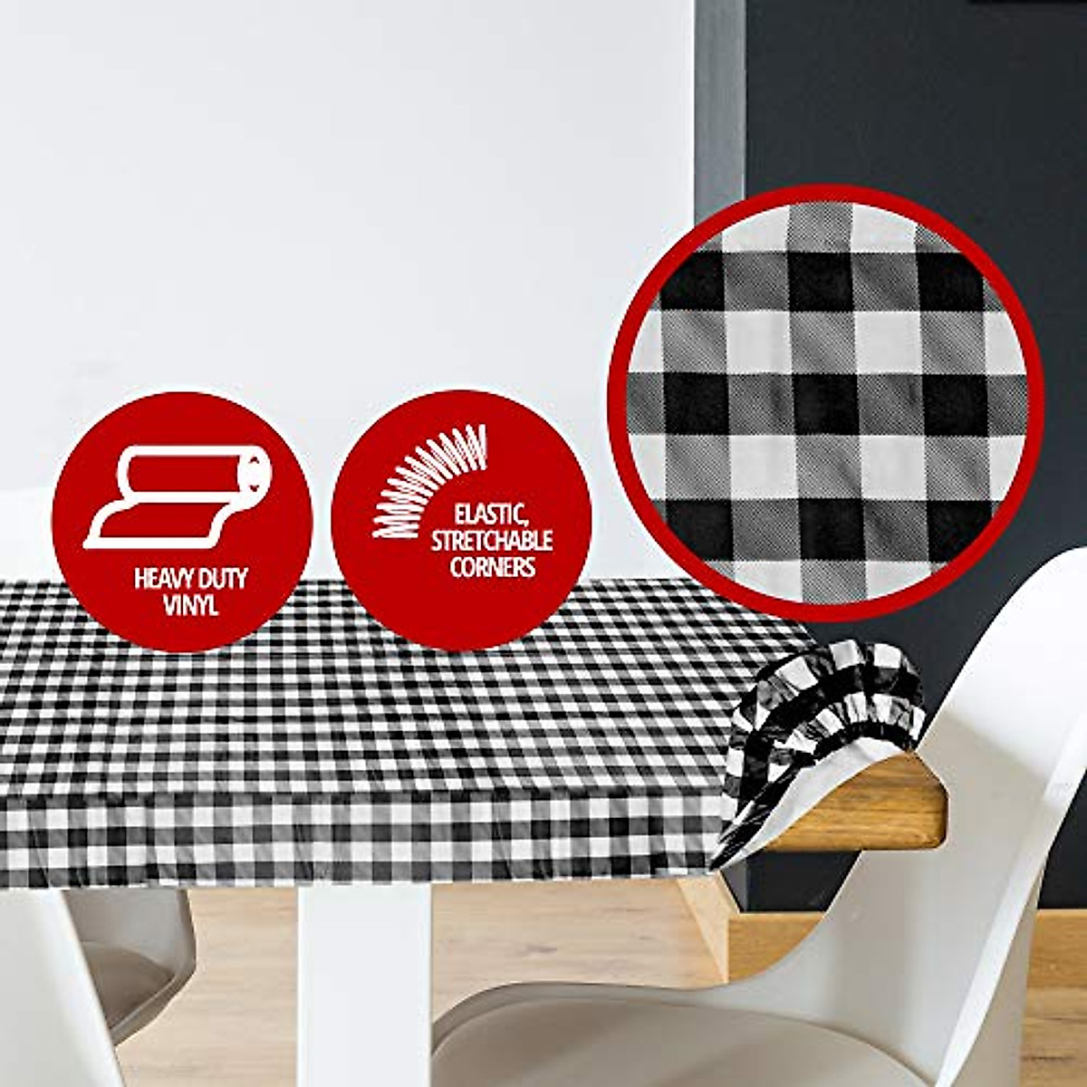 Sorfey Vinyl Picnic Table Fitted Tablecloth Cover, Checkered Design, Flannel Backed Lining, 28 x 72 Inch, Black