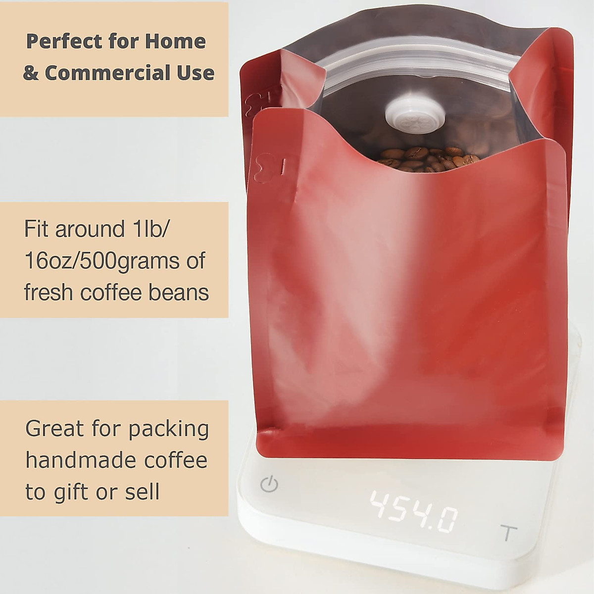 50 Count 16oz Red Coffee Bags with Aluminum Foil Liner, High Barrier Coffee Pouches with Degassing Valve, Ziplock Food Storage Bags with Pull Tape, Pack of 50, 16oz/1lb/500gram