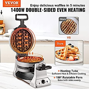 VEVOR 2-Layer Waffle Maker, 1400W Round Waffle Iron, Non-Stick Waffle Baker Machine with Browning Control, 180° Rotable Belgian Waffle Maker, Teflon-Coated Baking Pans, Stainless Steel Body, 120V