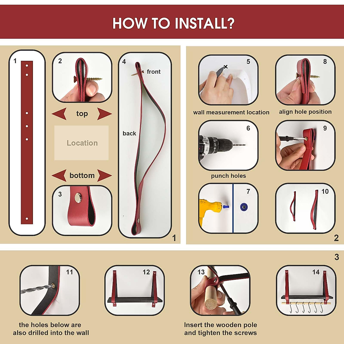 AccEncyc Set of 2 Wall Mounted Shelves Wood Floating Shelves with PU Leather Straps Multifunctional Wood Storage Shelves for Kitchen, Living Room, Bedroom, Study