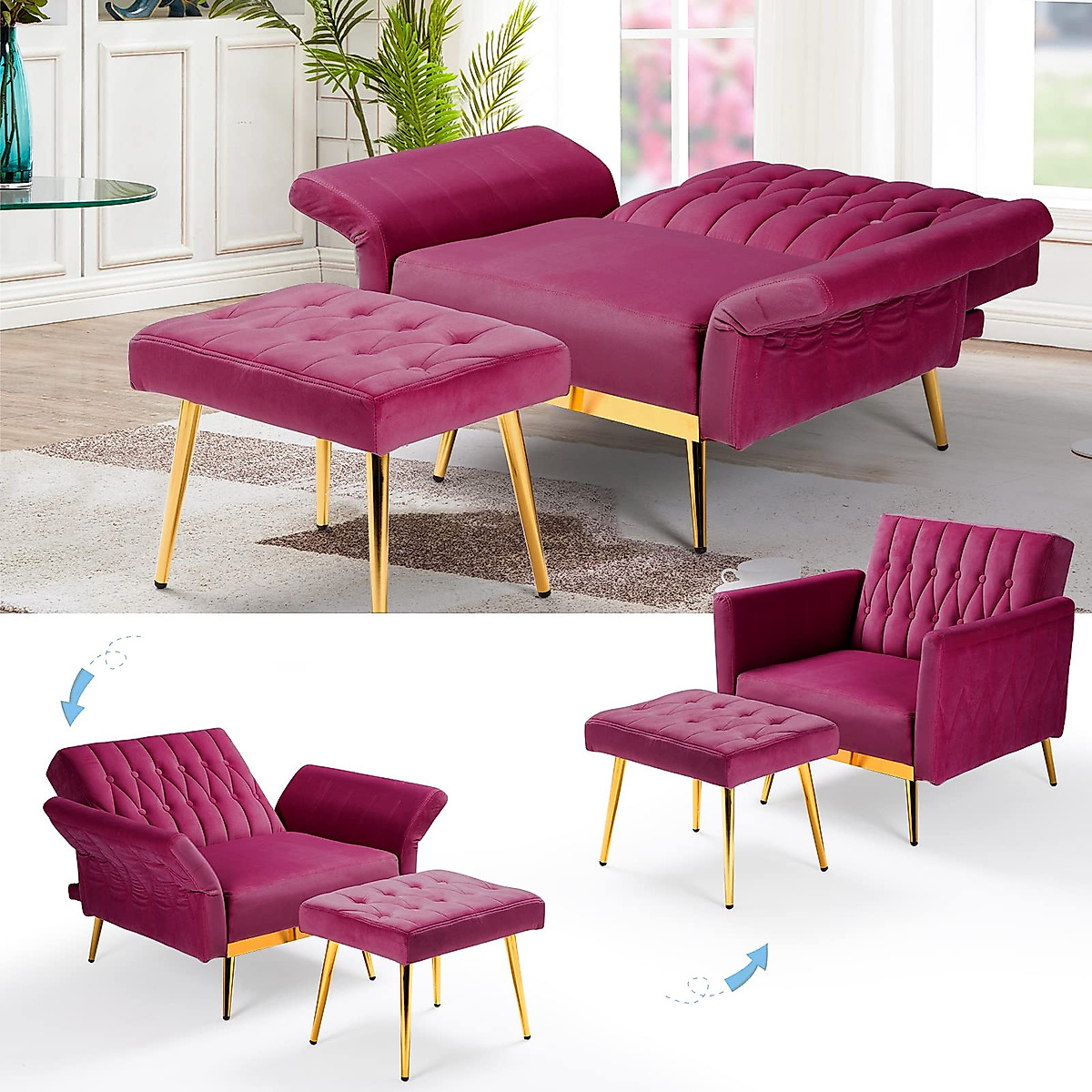 ACMEASE Velvet Accent Chair with Adjustable Armrests and Backrest, Button Tufted Lounge Chair, Single Recliner Armchair with Ottoman and Pillow for Living Room, Bedroom, Fuchsia