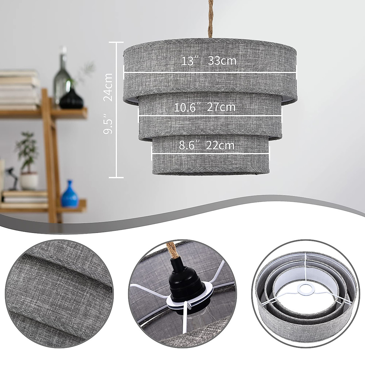 XININSUN 3-Tier Drum Plug in Pendant Light,Hanging Lamp with Dimmable Switch 15ft Hemp Rope Cord, Hanging Lights Fixture with Plug in Cord Plug in Chandelier for Bedroom Dining Room Entryway...