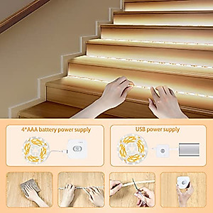 Motion Sensor LED Light Strip with Dual Power Supply and Auto Shut-Off Timer, Night Light, Motion Activated Waterproof LED Strip Light for Kitchen, Cabinet, Bedroom, Shelf, Bed Warm White 3000K