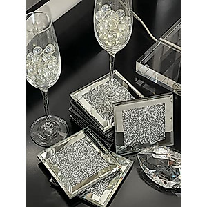Glass Coasters for Drinks, Set of 4, Diamond Decor, Silver Crystal Coaster, Mirrored Elegant, Fancy, Glam, for Home Kitchen Table Bar Accessories, Square (4" x 4")